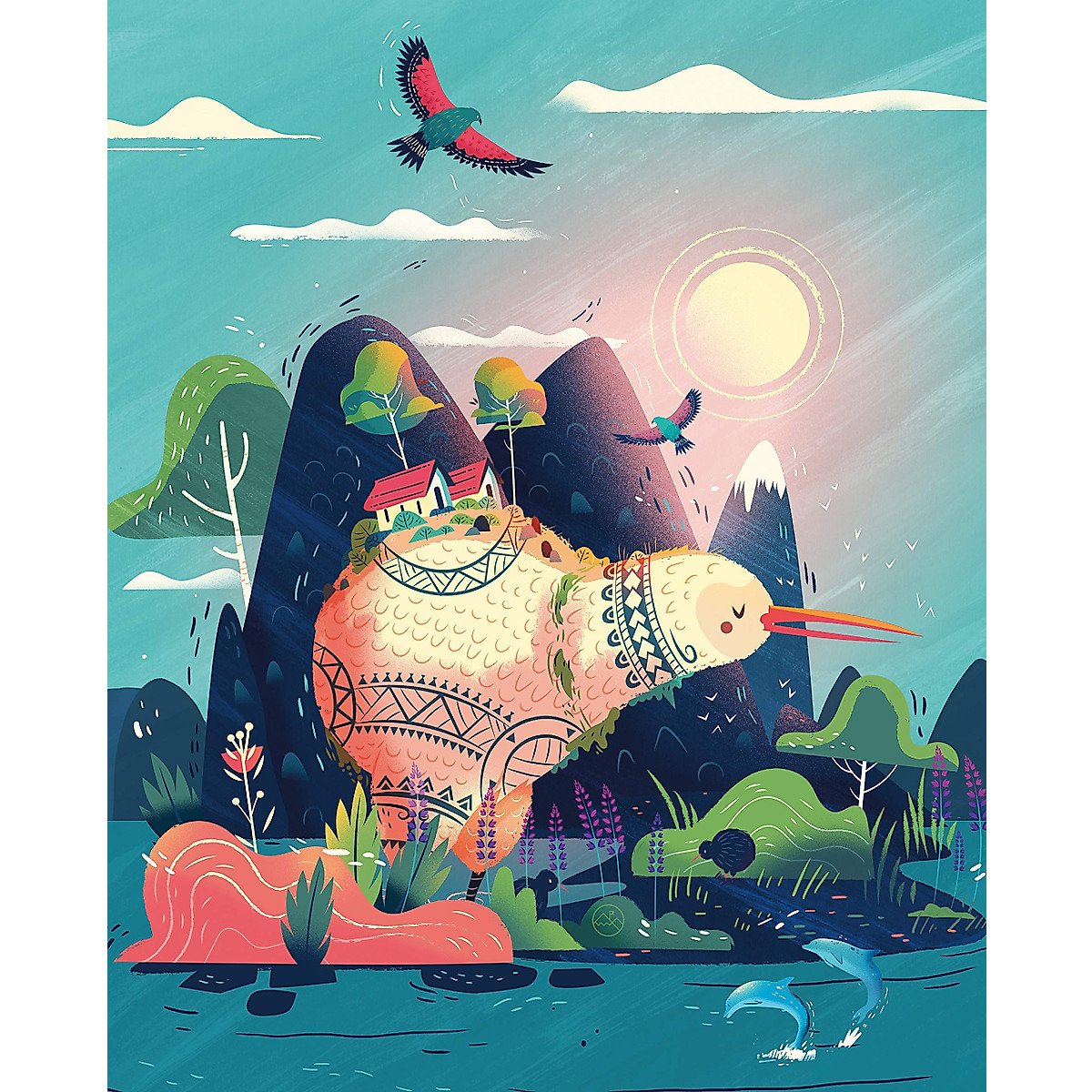 8x10 Kiwi Nursery Art Print New Zealand Art Whimsical Print Fantasy Folk Nature Design Colorful Travel Tropical Art Mountain Hiking Bird Illustration Kids Bedroom Decor Studio Ghibli Art Cute Wall Art