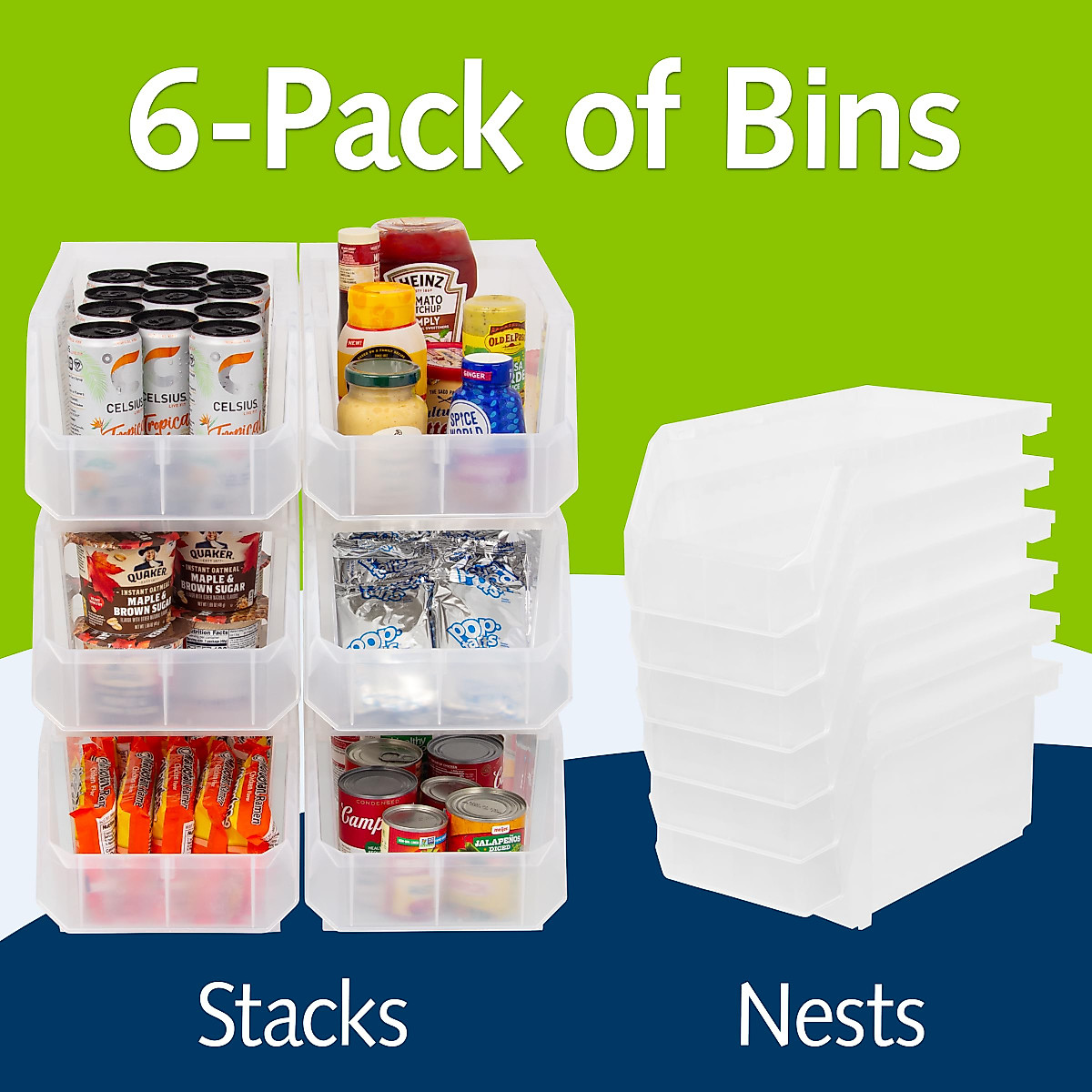 ReadySpace Plastic Containers for Organizing and Storage Bins for Closet, Kitchen, Office, Garage or Pantry Organization, Stackable Bins, Large (14.8" x 8" x 7"), 6-Pack, Clear