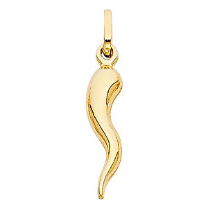 14K Yellow Gold Cornicello Italian Horn Fortune Charm Pendant with 1.2mm Flat Open Wheat Chain Necklace - 18"