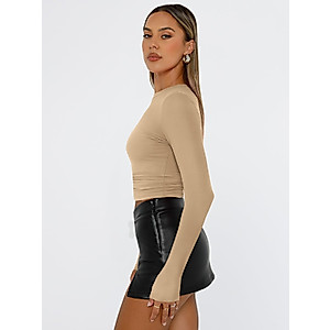 Trendy Queen Womens Long Sleeve Shirts Basic Tees Crop Tops Going Out Spring 2025 Workout Outfits Y2k Clothes Khaki L