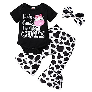 GRNSHTS Newborn Girl Clothes Baby Cow Letter Print Romper+Flared Long Pants+Headband 3PCS Cute Summer Fall Outfits (Black A, 0-3 Months)