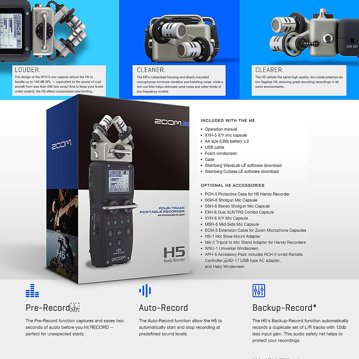 Zoom H5 4-Input / 4-Track Portable Handy Recorder with Interchangeable X/Y Mic Capsule + 32GB Memory Card + Lavalier Condenser Microphone + 4 AA Batteries & Charger + Tabletop Tripod/Handgrip