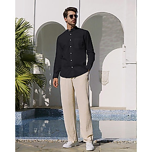 Alimens & Gentle Men's Cotton Linen Shirts Long Sleeve Button Down Shirt Band Collar Beach Shirts Black