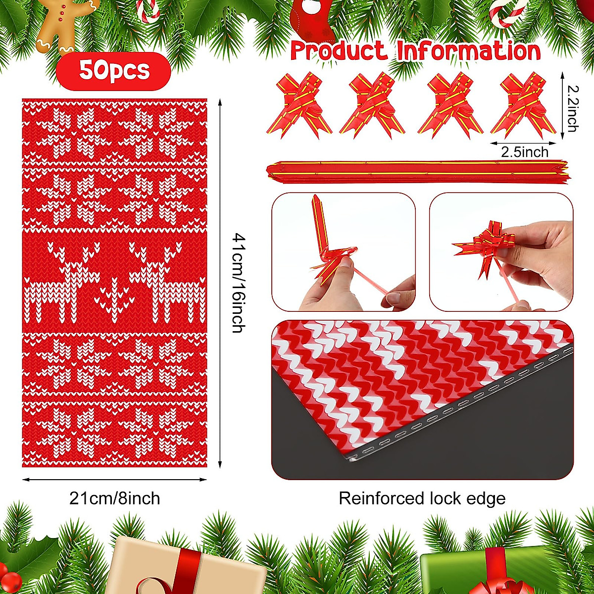 Teling 100 Pcs Christmas Wine Bottle Gift Bags Cellophane Christmas Wine Bags Red Sweater Wine Bag Cover Including 50 Pcs Wine Wrapping Bags and 50 Pcs Pull Bows for Christmas Holiday Party