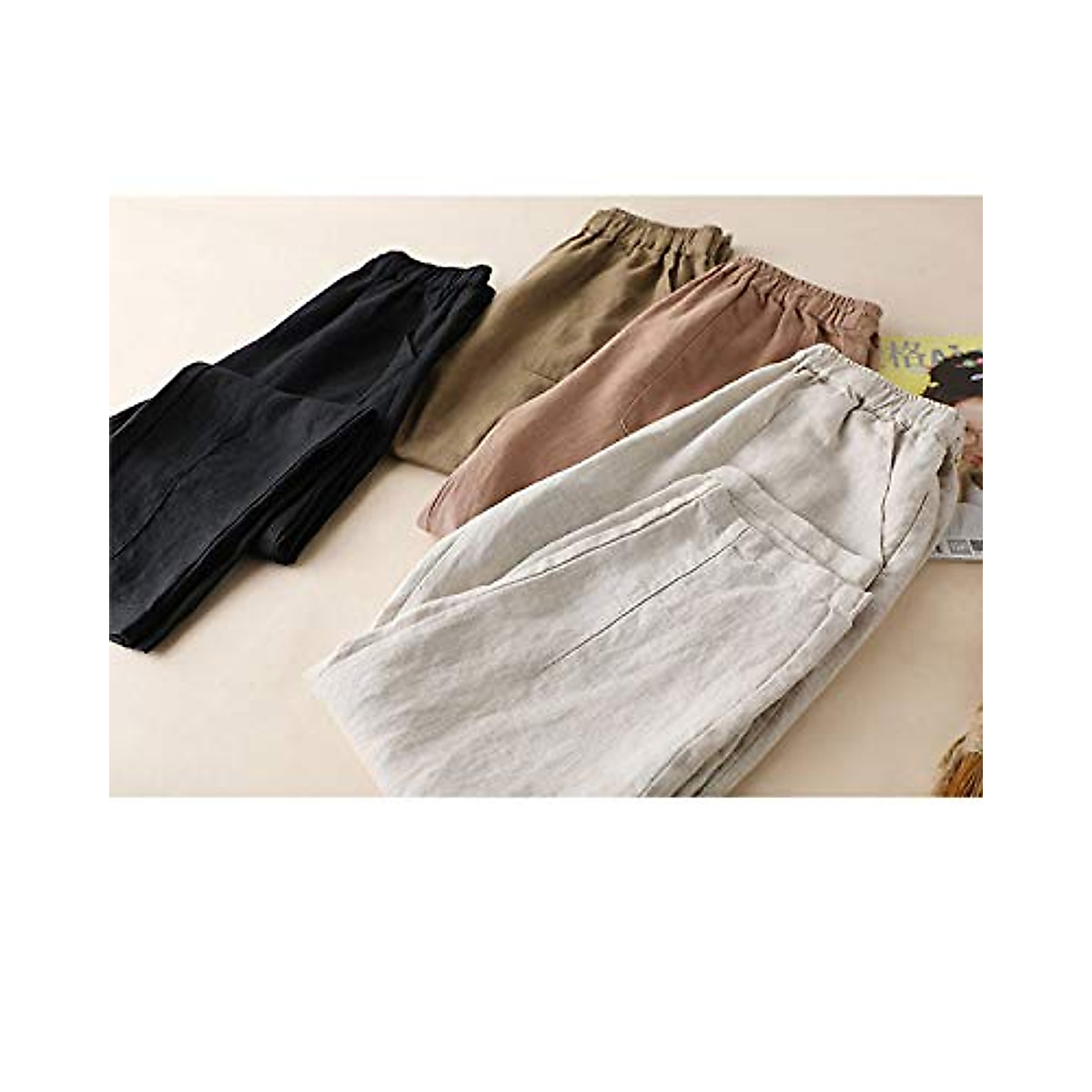 IXIMO Women's 100% Linen Capris Elastic Waist Tapered Cropped Pants with Pockets Beige S