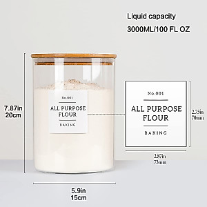 HHMJSM Large Glass Storage Jars With Airtight Bamboo Lid - 100 Fl Oz Thicken Kitchen Glass Food Storage Canister With 42 Pantry Labels - Big Clear Flour And Sugar Containers Farmhouse