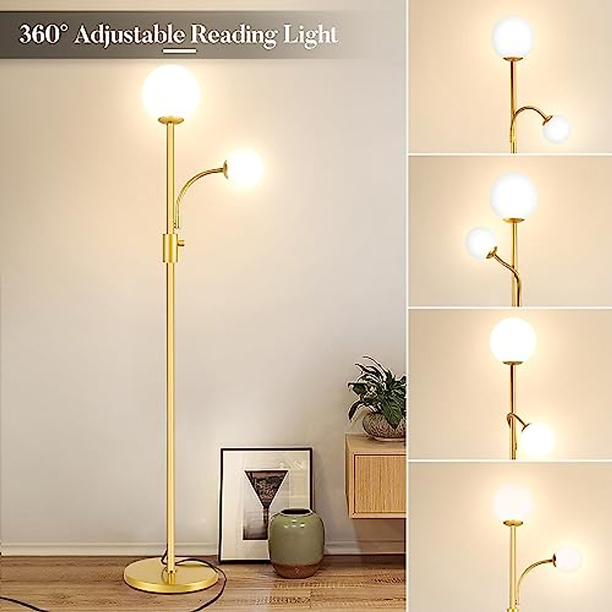 bulbeats Dimmable Globe Floor Lamp, Gold Standing Lamp with Adjustable Reading Light 3000K 6W G9 Bulbs, Industrial Tall Lamp for Living Room Bedroom Mid Century Modern Decor