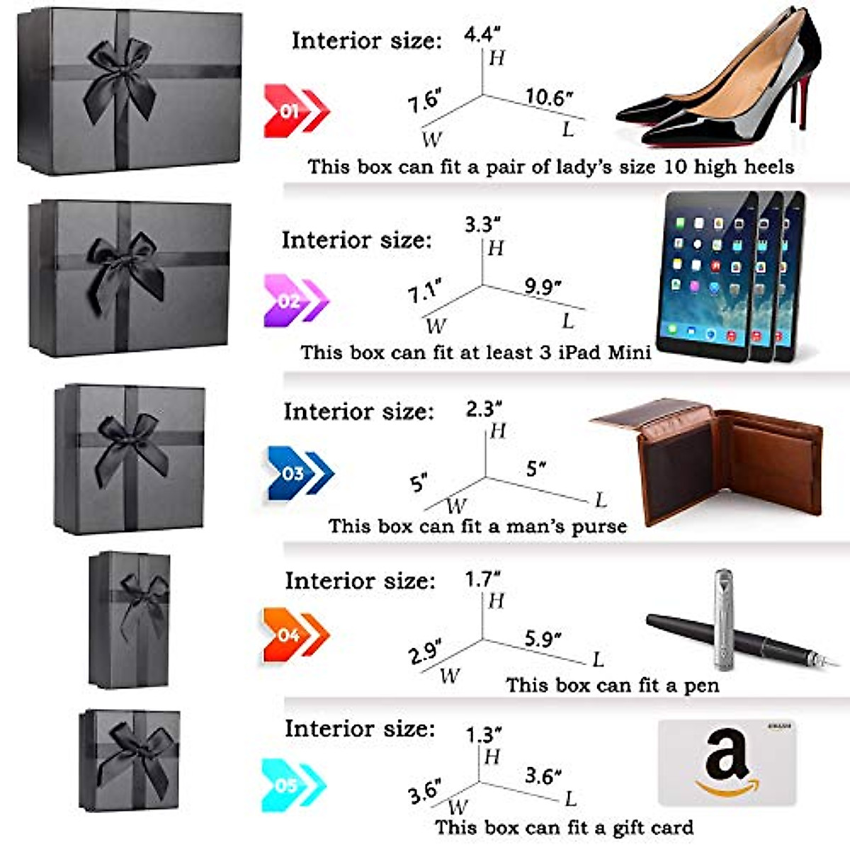 Black Gift Boxes with Lids for Presents, Nested Black Boxes for Gifts, cajas de regalo, Gift Wrap Box for Birthdays, Father's Day, Anniversaries, Weddings, etc.(Black)