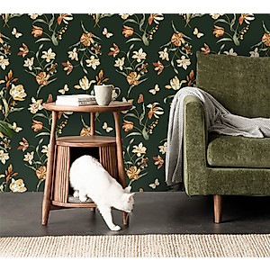 Dimoon 78.7"x16.1" Floral Wallpaper Peel and Stick Dark Green Contact Paper Golden Thicken Waterproof Leaf Flower Vintage Self Adhesive Removable Wallpaper for Bedroom Shelf Liner Decal Vinyl Roll