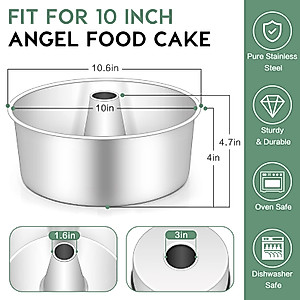 TeamFar 10inch Angel Food Cake Pan, Stainless Steel Cake Pan with Tube, Healthy & Non-toxic, Durable & One-Piece, Mirror Finish & Dishwasher Safe