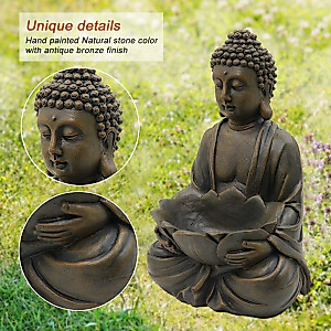 Goodeco 12" Meditating Buddha Statue Figurine w/Lotus - Zen Garden Statues for Indoor/Outdoor Decor- with Magical Glow in Dark Pebbles & Glass Stones, Ideal Gifts for Home (Brown)