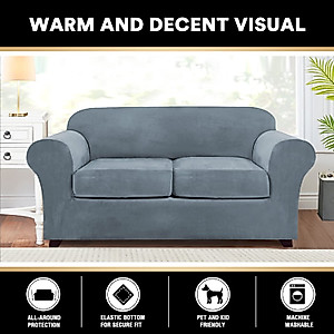 PrinceDeco 3 Pieces Couch Covers Soft Velvet Couch Covers for 2 Cushion Sofa Loveseat Covers Width Up to 72 Inch Anti Slip Love Seat Furniture Protector, Machine Washable(Medium, Stone Blue)