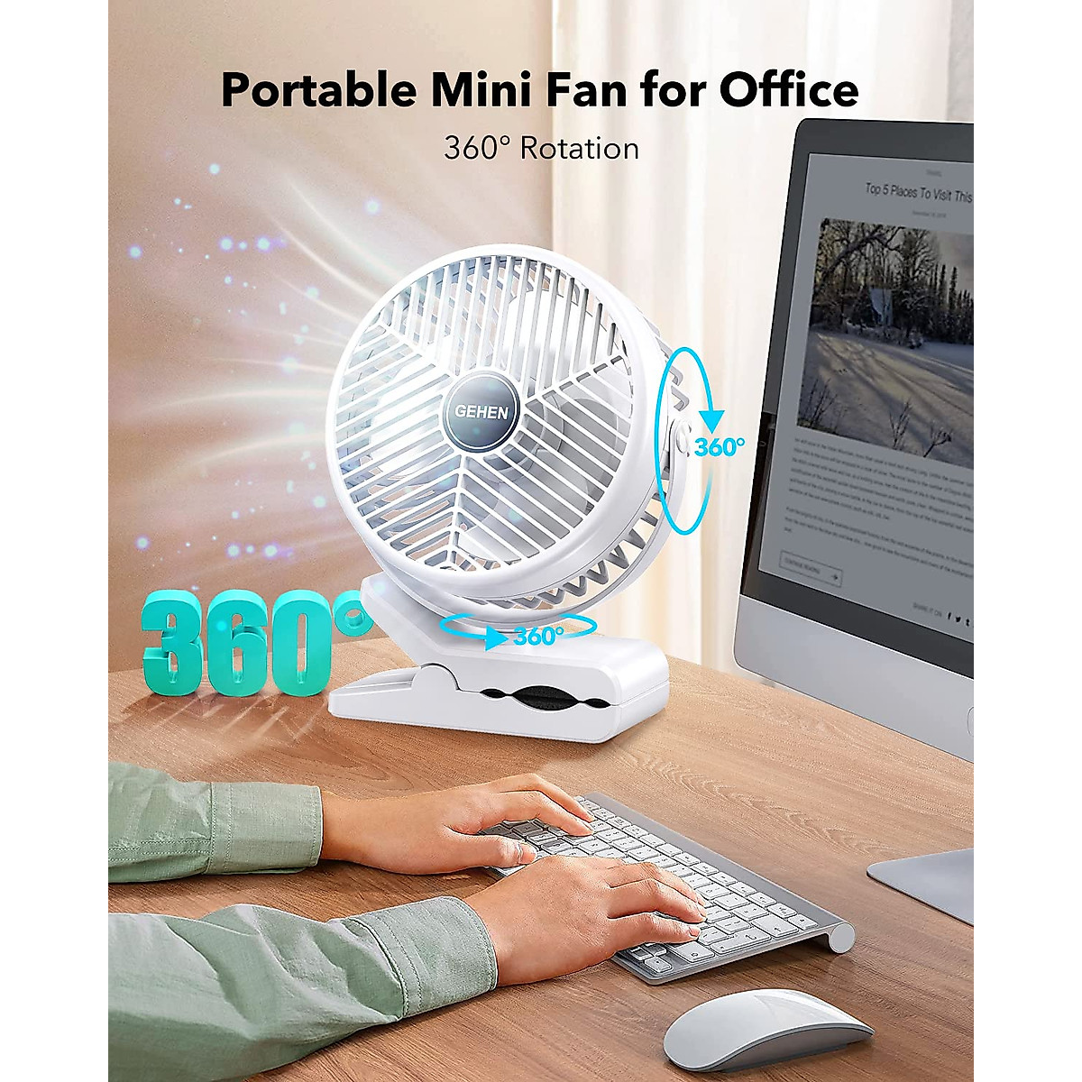 GEHEN Portable Clip on Fan, Cordless Small Desk 10000mAh Battery Operated, Rechargeable Table 3 Speeds Quiet Personal 360° Rotate Cooling Fan for Bedroom Office Stroller Camping White,D1PB005100002