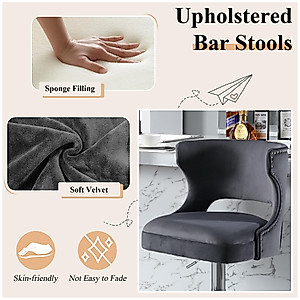 ABET Adjustable Bar Stools Set of 2, Velvet Swivel Counter Barstools with Hollow Back Footrest Soft Upholstered Bar Chairs for Kitchen Island Dining Room Home Bar Bistro, Grey, Chrome Base