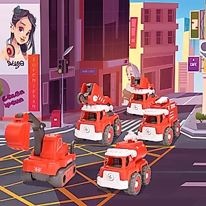 Doahurry Fire Truck Toy Take Apart Robot Transformers Toys 5 in 1 Construction Vehicle Comes with a Electric Drill, Assembly Robot Building Toy Crane Toy Kids Ages 4-12 Birthday (Red)