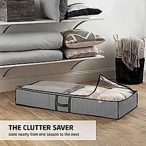 Zober Under Bed Storage - Pack of 2 Under Bed Storage Containers for Clothes, Blankets, Winter Clothing, & Shoes - Under The Bed Storage with Handles, Dual Zippers, & Clear Top (Gray)