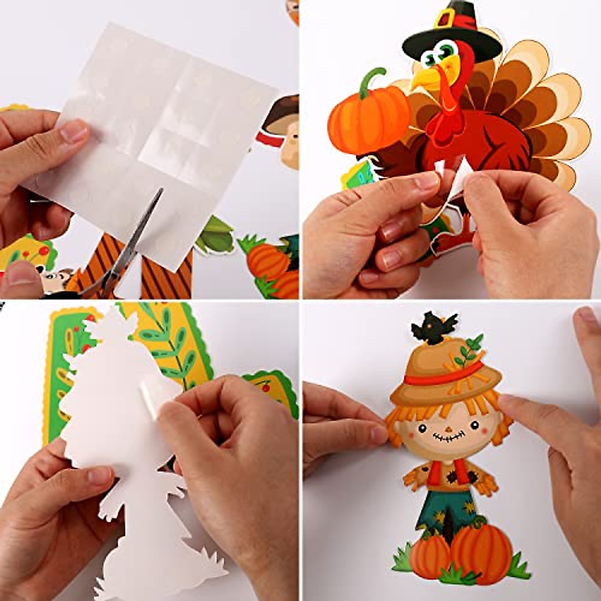 56 PCS Happy Fall Cut-Outs Pumpkin Maple Leaves Cut Outs Turkey Corn Sunflower Cutouts with 100 Glue Point, Autumn Paper Decoration for Fall Thanksgiving Theme Classroom Bulletin Board Wall Decor