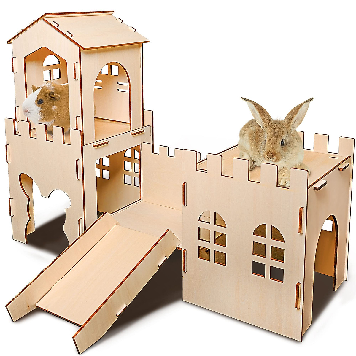 Extra Large Rabbit Castle Hideout Bunny House, Wooden Bunny Hideout for Indoor Rabbit Play Houses and Hideouts Nut Castle