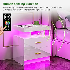 HNEBC LED Nightstand, RGB White Night Stand with USB/Wireless Charging Station, Modern Bedside Table has Auto Sensor RGB Lights, End Side Table with 2 Drawer for Bedroom Furniture, White