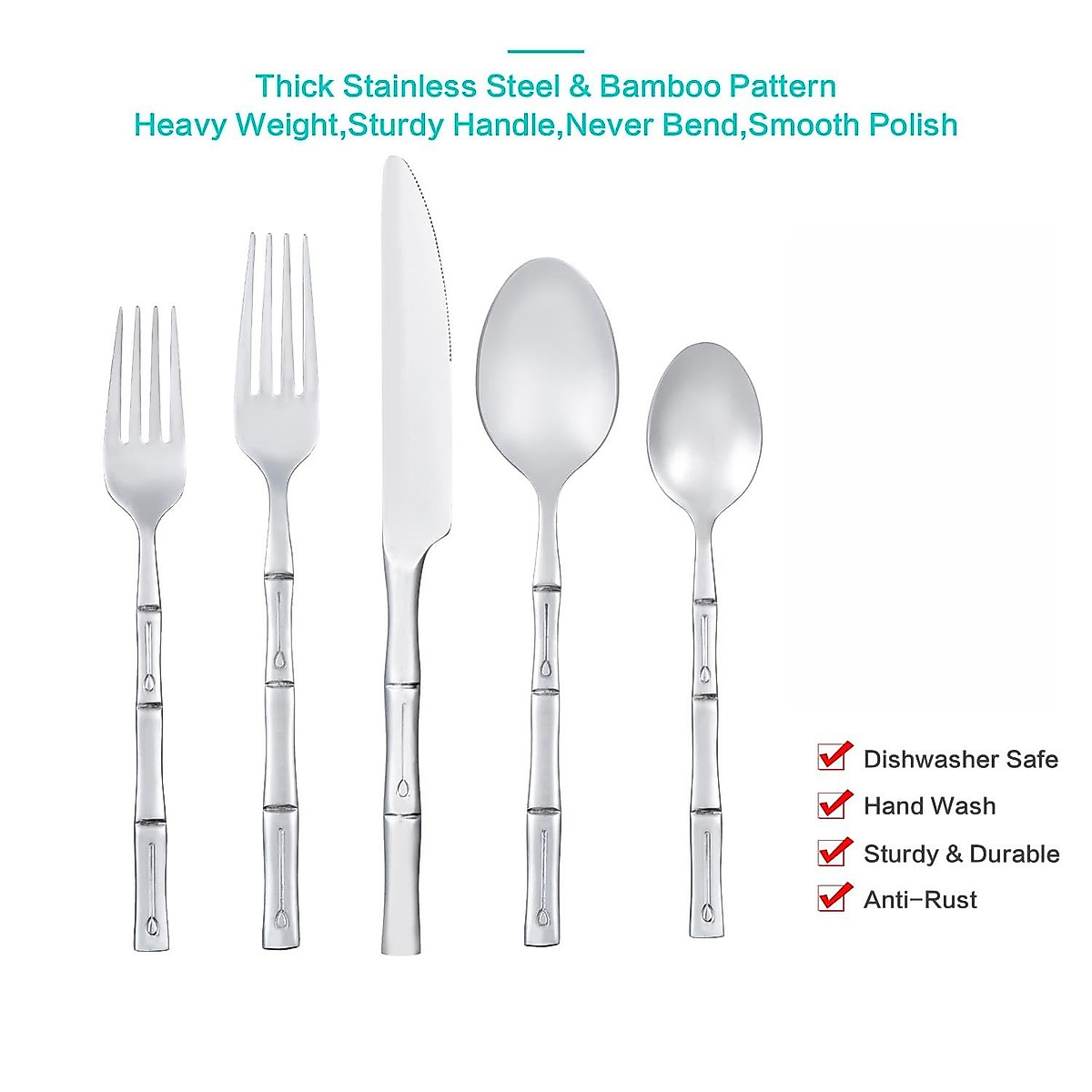 Flatasy Silverware Set Silver Bamboo Handle Flatware Stainless Steel Heavy Cutlery Set 20 Pieces Mirror Polished Spoons Forks and Knives Service for 4