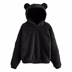 Womens Casual Hooded Sweatshirt Loose Drawstring Pullover Hoodies Long Sleeve Solid Bear Ear Sweatshirt Tops