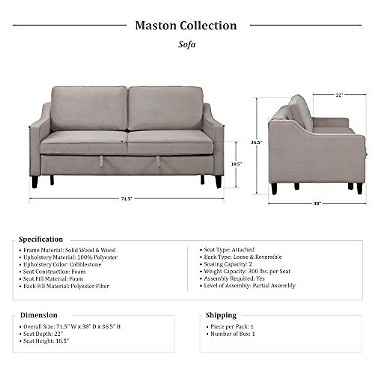 Lexicon Maston Convertible Studio Sofa Bed, Cobblestone