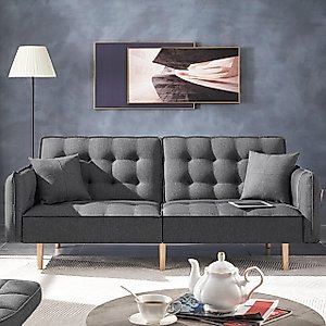 Yaheetech 78” Convertible Sofa Bed with USB Ports Sleeper Couch Futon Daybed Sofa for Living Room Adjustable Loveseat Linen Fabric, Dark Gray