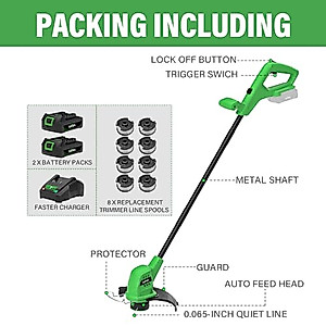 SOYUS Weed Wacker Battery Powered 10 Inch, String Trimmer Cordless with 2 Pcs 2.0Ah Batteries, Lightweight Edger Trimmer with 8 Pcs Replace Spool Trimmer Lines