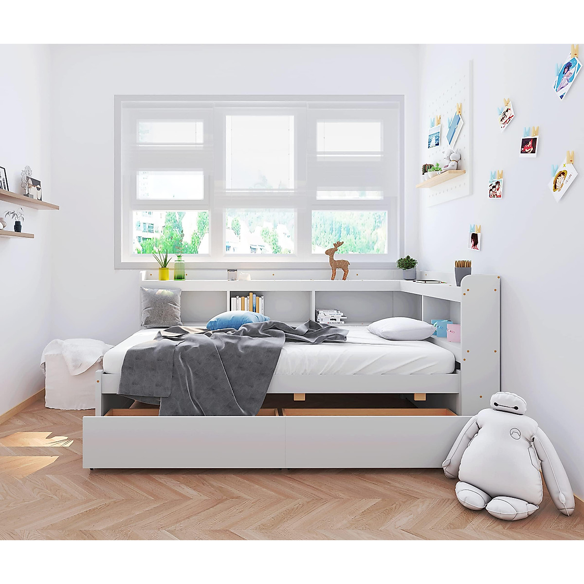 DEINPPA Twin Size Bookcase Bed, L Shape Captain Bed Frame with Storage Drawers, Wooden Platform Bed with Bookcase Headboard, Hug Bed Frame for Kids Teens Boys Girls-White