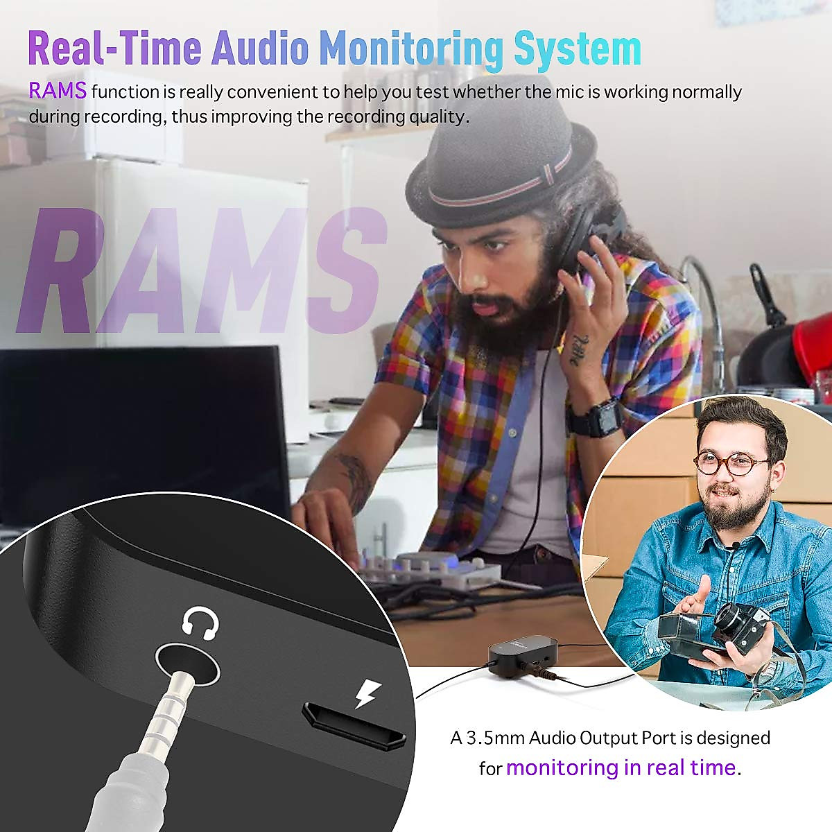 SYNCO Lav-S6M Lavalier Microphone, 3.5mm Audio-Monitor Port Clip-on Condenser Mic Support USB Charging, 6M/19.7 FT Cable Noise Reduction for YouTube, Interview, Conference, Live Broadcast