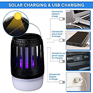 2 Pack 3 in 1 Mosquito Zapper Killer with Solar and USB Rechargeable Waterproof Mosquito Lamp Gnats Flying Trap for Outdoor & Indoor Led Lantern for Home, Camping, Backyard, Patio
