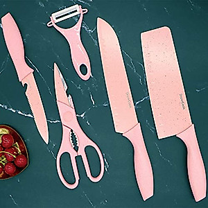 Kitchen Knife Set Pink - 5 Piece Cooking Knives, Non-Stick and Sharp Chef Knife Sets for Kitchen Cutting Meat, Scissors and Ceramic Peeler for Slicing, Paring Fruits and Vegetables