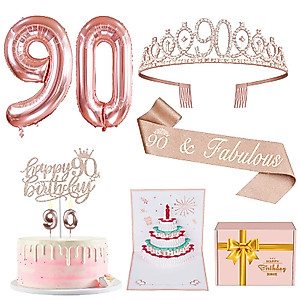 90th Birthday Decorations For Women, Include 90th Birthday Sash and Tiara, Birthday Cake Topper and Number 90 Candles, Balloons, 3D Birthday Card, 90th Birthday Gifts Women