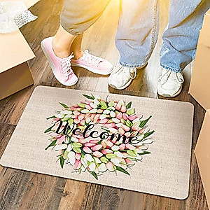 Nuanchu Flower Welcome Doormat 15.7 x 23.6 Inch Flower Theme Indoor Outdoor Welcome Mat Non Slip Welcome Mat for Spring Easter Door Decor