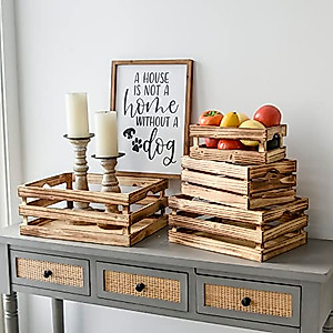MACVAD Set of 4 Large Torched Wood Decorative Storage Crates, Nesting Wooden Crates for Display Rustic, Farmhouse Wooden Storage Container Boxes Made from 100% Wood