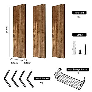 Set of 3 Floating Shelves with Paper Storage Basket Rustic Solid Wood Bathroom Shelves Farmhouse Wall Hanging Shelf Mounted Wall Decor for Living Room Kitchen Pantry Bedroom (Rustic Brown)