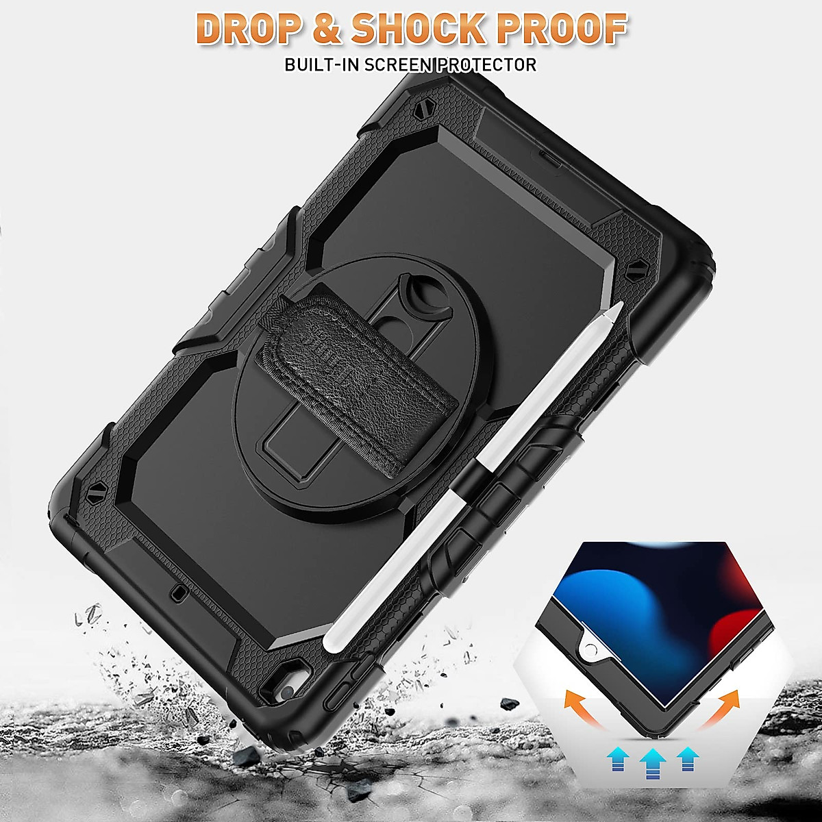 Timecity Case for iPad 9th/ 8th/ 7th Generation 10.2 inch - Heavy Duty Protective Cover with Screen Protector, Rotating Stand, Shoulder Strap & Pencil Holder | Kids-Friendly (Black)