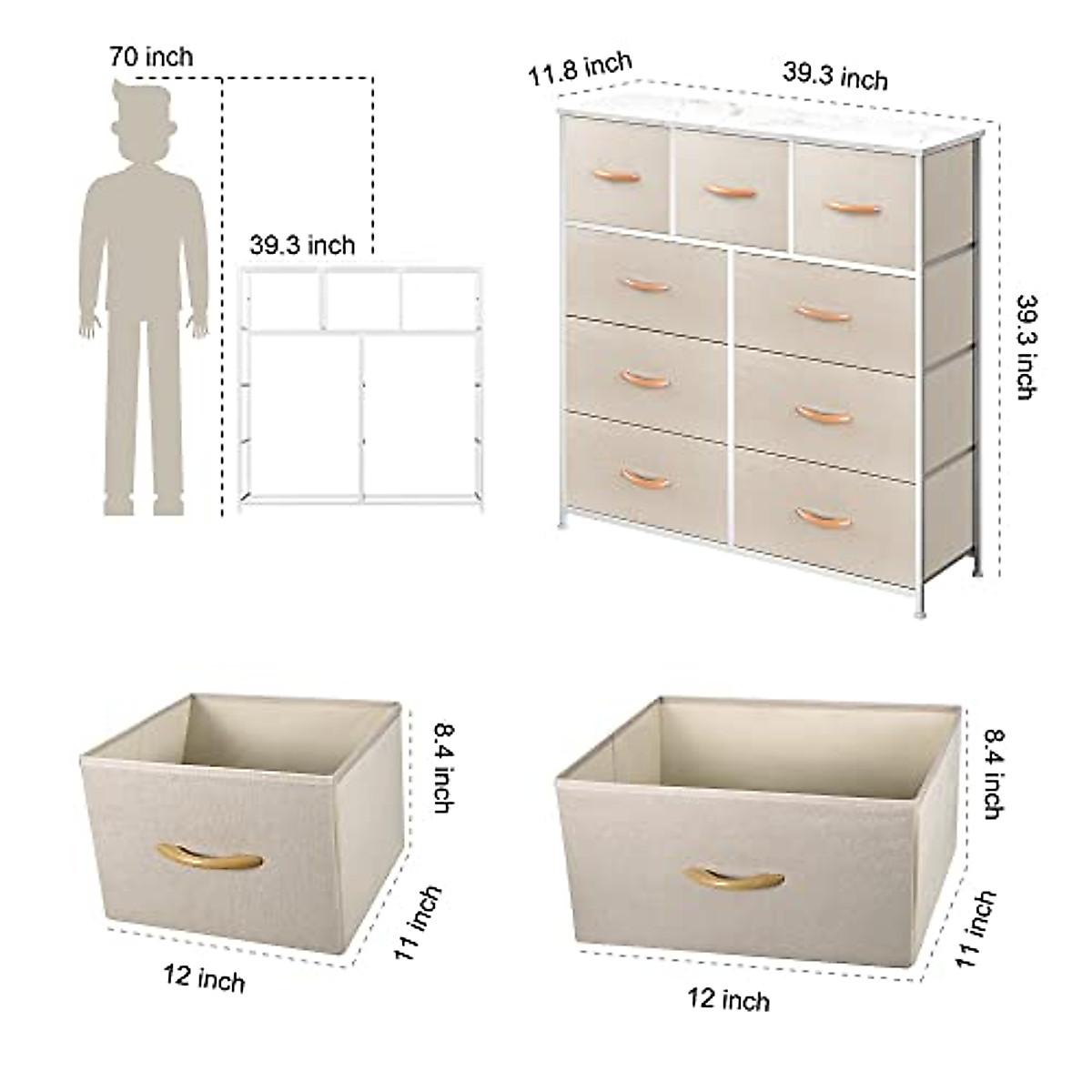 Bigroof Dresser with Drawers, Storage Organizer Fabric Drawers for Bedroom Bathroom-Steel Frame Wood Top Fabric Bins for Clothing Blankets Plush Toy