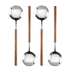 Ouliget Retro Wooden Handle Spoon,Stainless Steel Serving Tablespoons,Wooden DinnerSpoon,Silver Silverware With Brown Handle,4 Pcs.