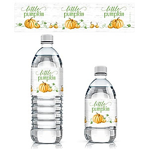 Orange Little Pumpkin Baby Shower Water Bottle Labels - Autumn Waterproof Bottle Wrappers - 24 Count - Fall Unisex Pumpkin Patch Theme