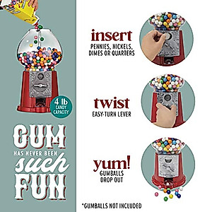 Gumball Machine - 15 Inch Candy Dispenser with Stand for Bubble Gumballs - Heavy Duty Red Metal with Large Acrylic ShatterProof Bowl - Easy Twist-Off Refill - Free or Coin Operated - by The Candery