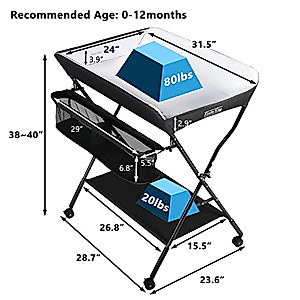 Kinder King Portable Baby Changing Table w/Wheels, Adjustable Height Folding Infant Diaper Station, Mobile Newborn Nursery Organizer, Large Storage Rack, Black