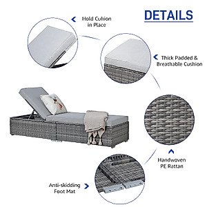 Patiorama Outdoor Patio Chaise Lounge Chair, Elegant Reclining Adjustable Pool Rattan Chaise Lounge Chair with Light Grey Cushion, Grey PE Wicker, Steel Frame, Set of 2