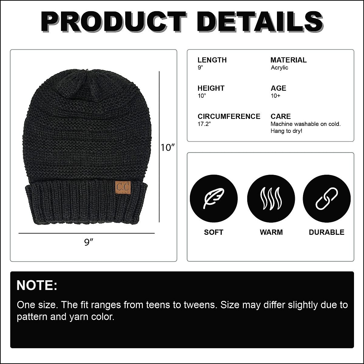 Funky Junque Trendy Warm Oversized Chunky Soft Oversized Cable Knit Slouchy Beanie (Black)