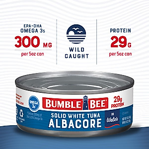 Bumble Bee Solid White Albacore Tuna in Water, 5 oz Can (Pack of 24) - Wild Caught Tuna - 29g Protein per Serving, High in Omega-3s - Non-GMO Project Verified, Gluten Free, Kosher