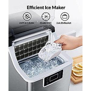 Silonn Ice Makers Countertop - 24Pcs Ice Cubes in 13 Min, 45lbs Per Day, 2 Ways to Add Water, Auto Self-Cleaning, Stainless Steel Ice Machine for Home Office Bar Party,Stainless Steel