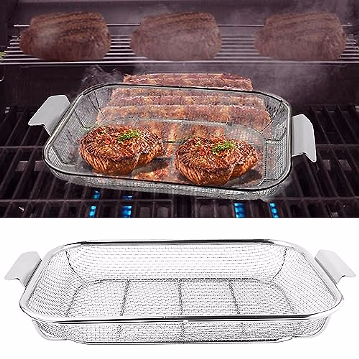 Worparsen Grill Basket for Outdoor Grill Stainless Steel Fry Basket,Stainless Steel Perforated Grill Baskets for Grilling Veggies Seafood and Meats Heating Holes Grilling Roasting BBQ Basket Stainle