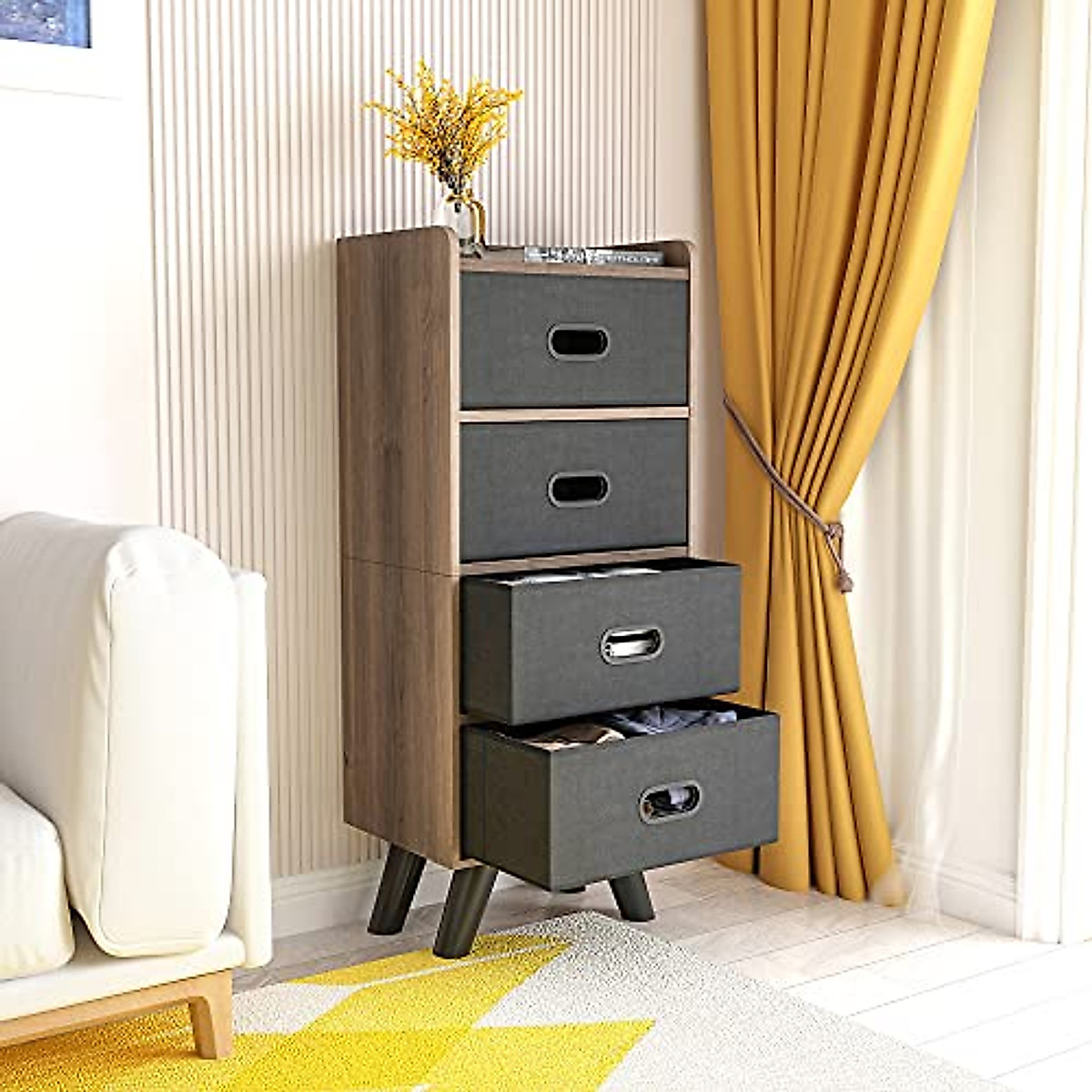 Lamerge 4 Drawers Organizer Cabinet , with Removable Fabric Drawers,Storage Tower ,Organizer Cabinet with Wood Frame,Ideal for Bedroom, Closet, Entryway, Hallway, Dark Brown and Grey, (SD4-01)