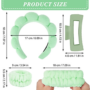 Wecoe Spa Headband And Wristband Set Skincare Headband For Washing Face Hair Claw Clips For Thick Hair Cute Green Puffy Sponge Makeup Headband Bubble Headband Wrist Towels Scrunchies For Women Girls