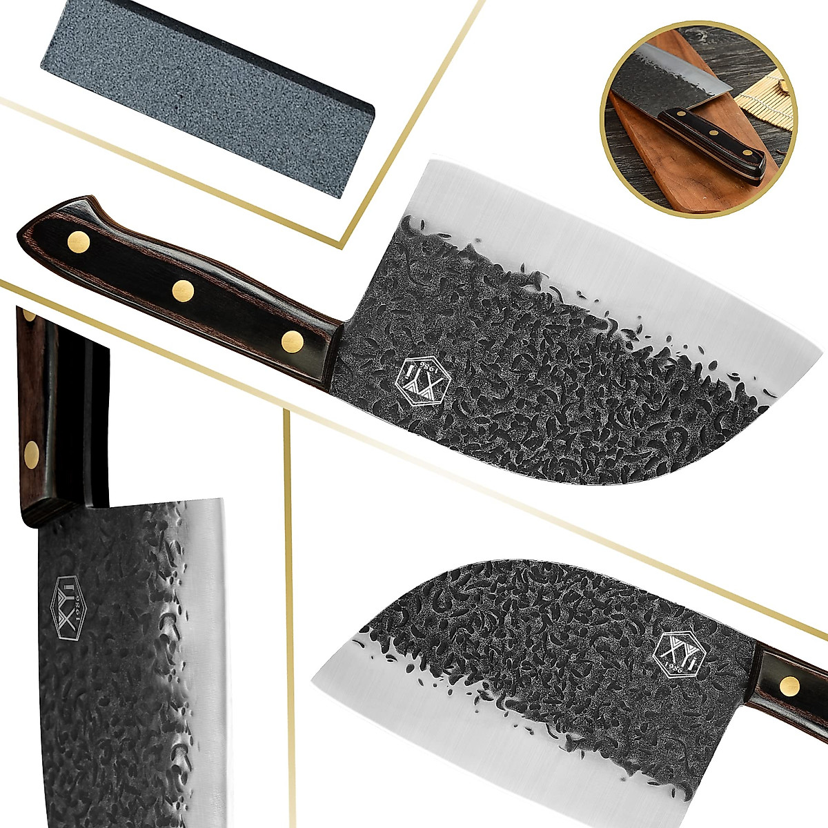 XYJ Full Tang Boning Butcher Knife With Leather Sleeves Hammer Blade High Carbon Stainless Steel Serbian Chef Knives For Kitchen Camping or Outdoor BBQ